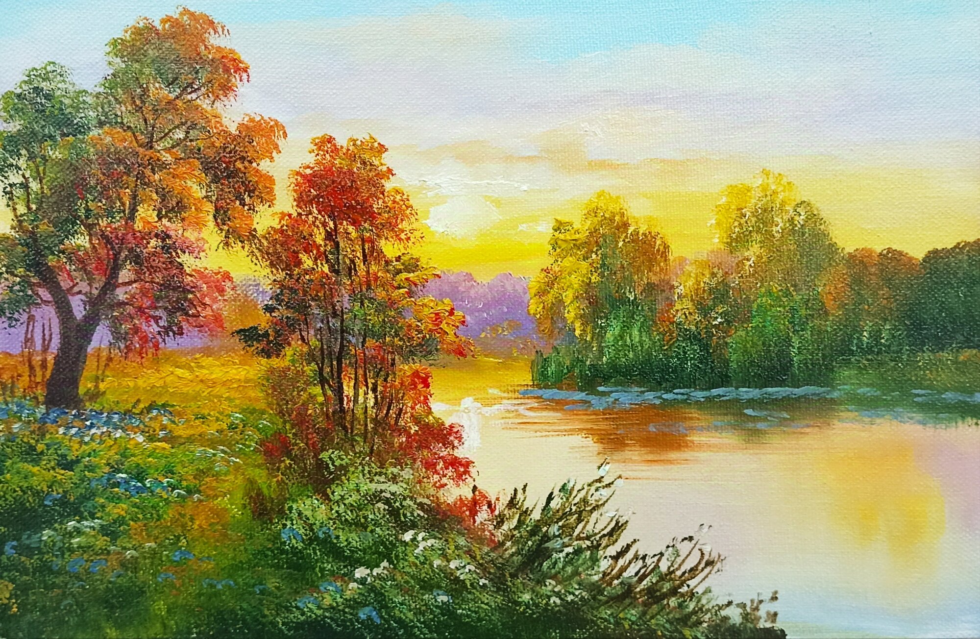 Живопись. Масло/холст. 100% ручная работа. Худ. мастерская Грëзы. Осенний пейзаж с рекой и полевыми цветами. 20х30 см