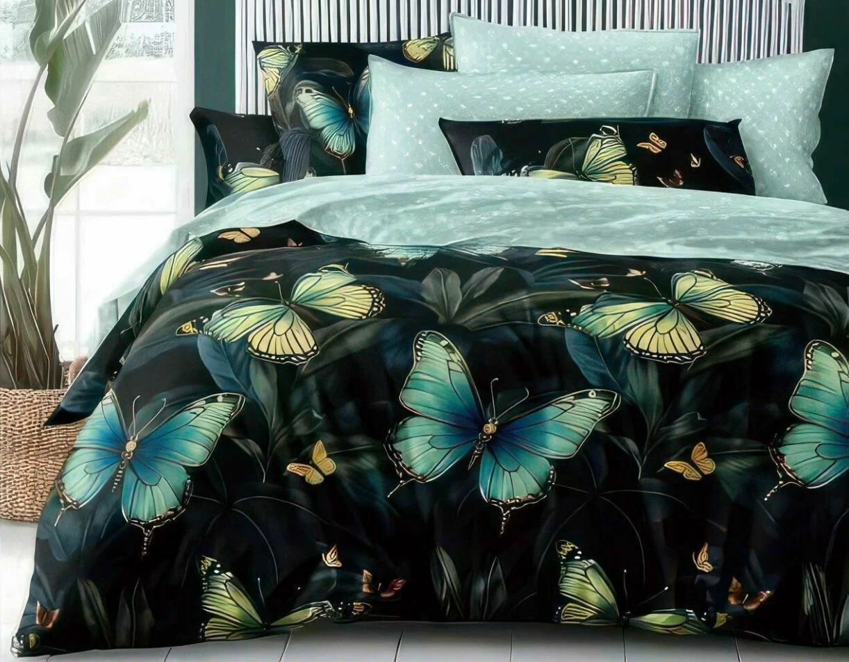 Комплект Постельного Белья 2-х спальное Бабочки на черном фоне