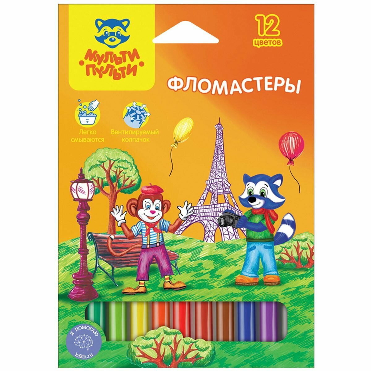 Набор фломастеров 12 цветов Мульти-Пульти "Енот во Франции" (линия 1мм, смываемые) картон. уп. (WP_10716)