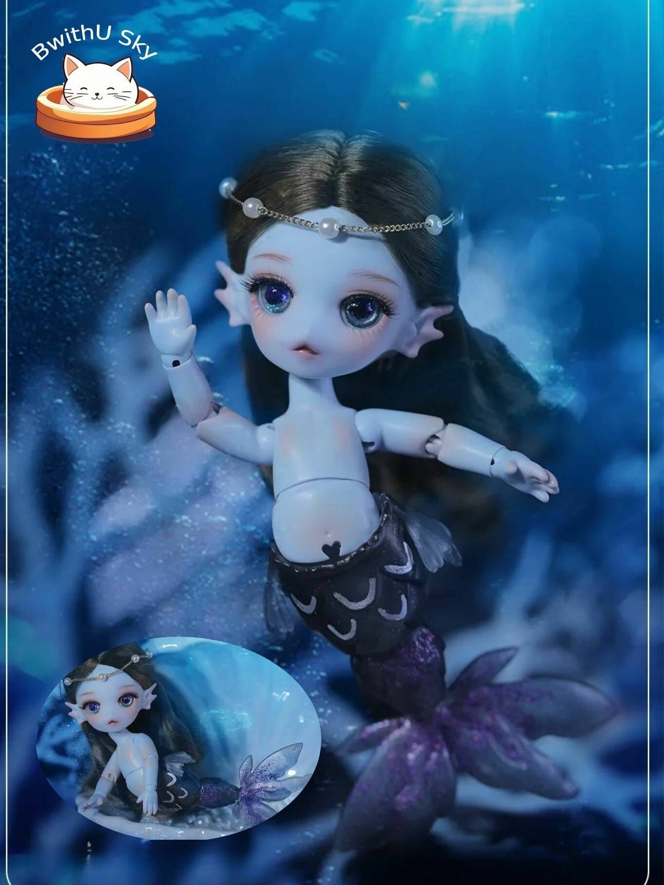 BwithU 1/12 BJD Lorelle: Подводная Нимфа. Серебристый венец, темно - фиолетовый хвост. Глубокие глаза, волшебный облик.