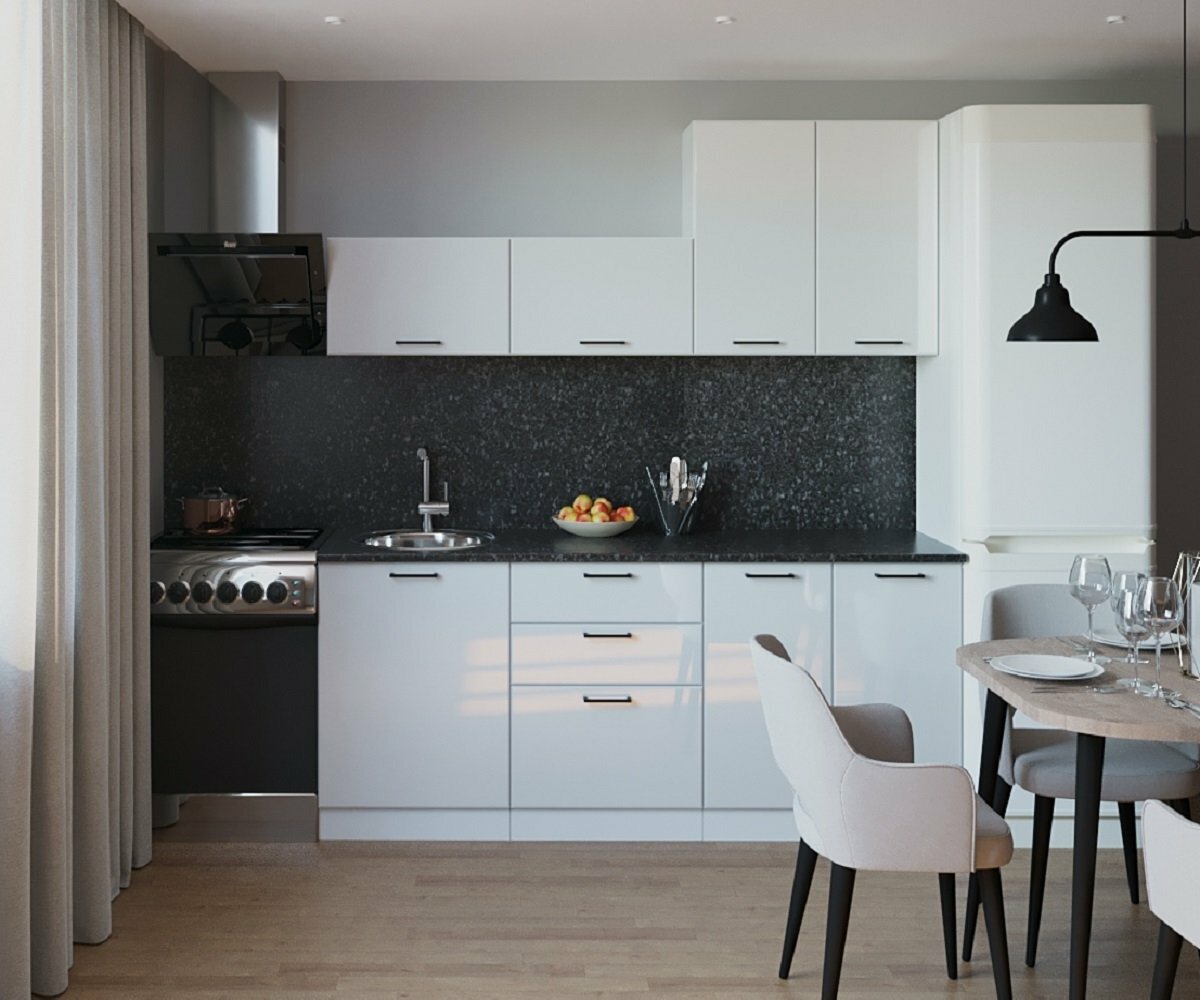 Кухонный гарнитур Белый глянец, фасады МДФ, длина 2000 мм, столешница Каспий Черное золото