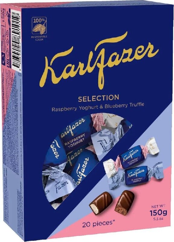 Конфеты KARL FAZER Selection из молочного шоколада с начинкой малиновый йогурт & черничный трюфель /картон/ 150г