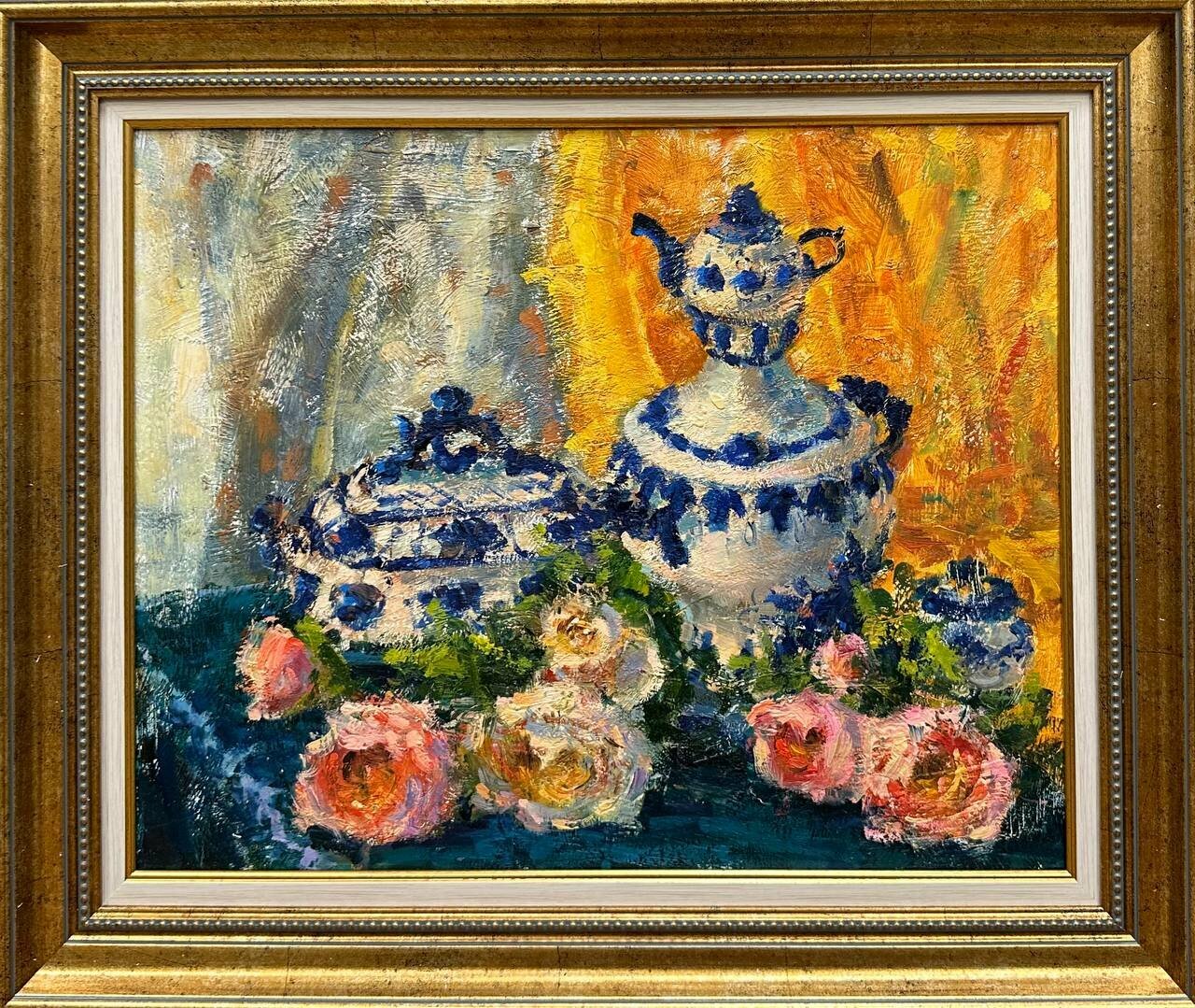 Картина маслом на мдф, натюрморт, посуда расписана гжель "Гжель"