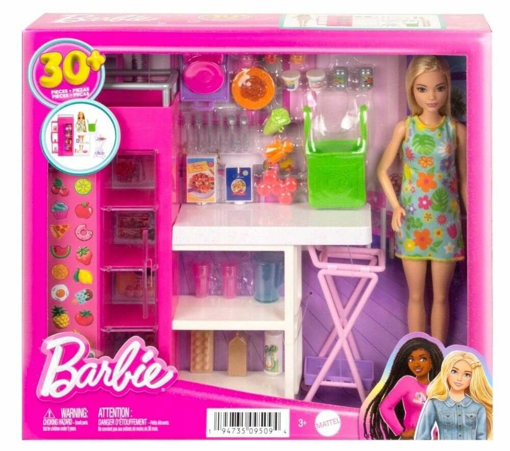 Кукла Mattel Barbie - Игровой набор Кладовая с куклой и 25 кухонными аксессуарами, мебелью для кукольного домика - Барби HJV38