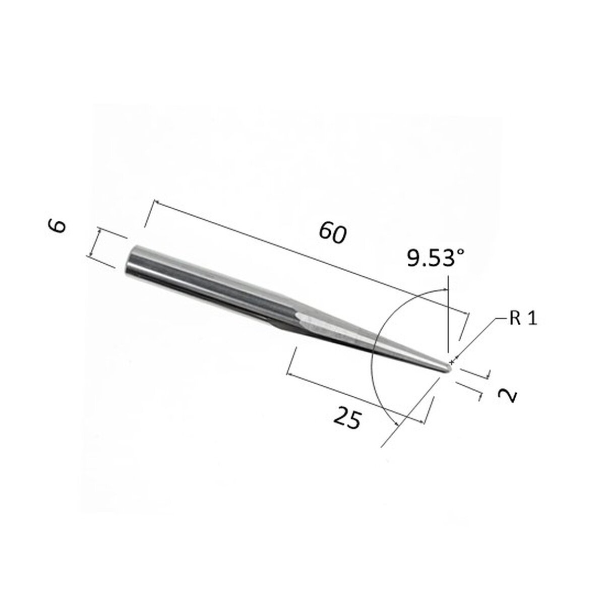Фреза DJTOL N2ZXJQ6252060 прямая двухзаходная конусная сферическая (по дереву, композиту (АКП), пластику)