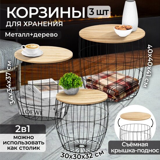Набор корзин для хранения Elcasa 3 шт. (40*40 см, 34,5*34,5 см, 30*30 см), с крышками, металл (990677)