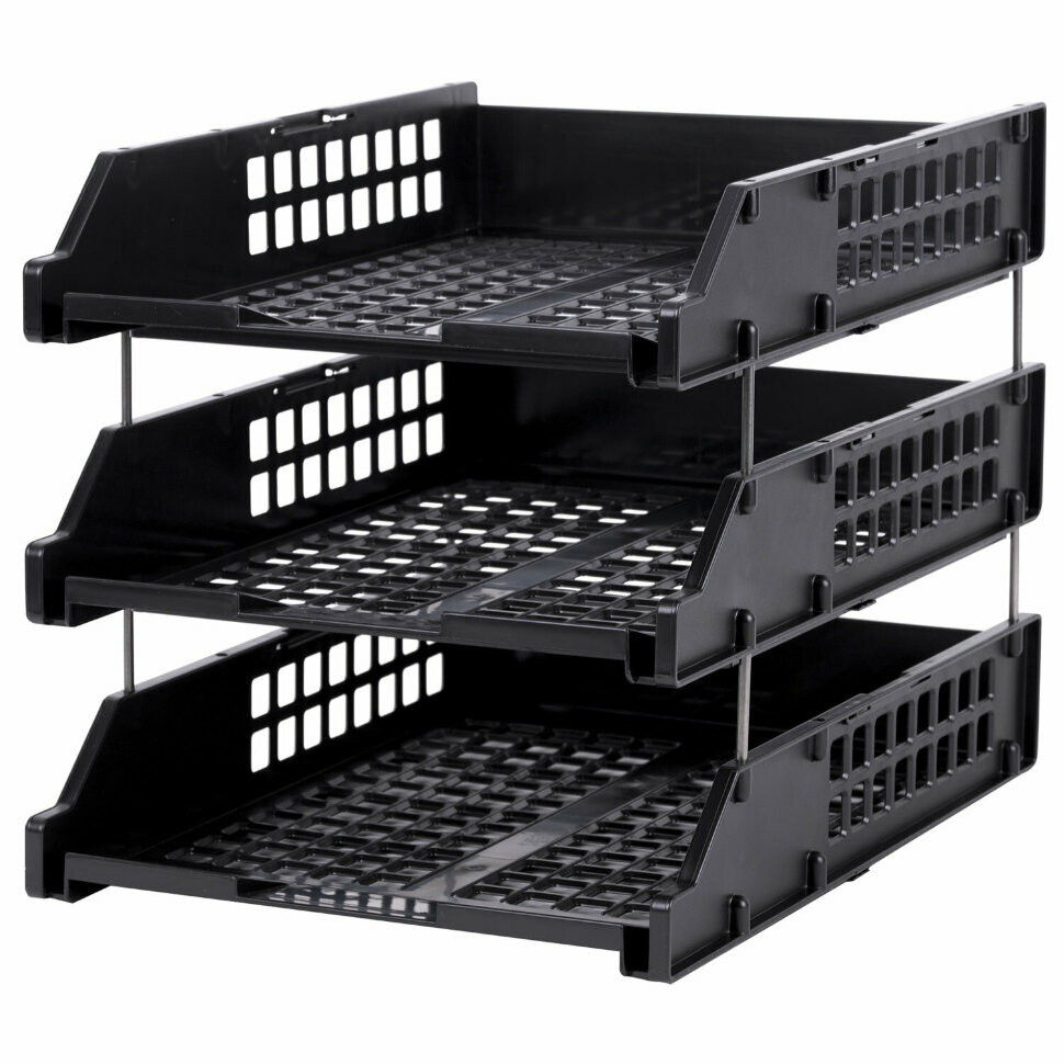 Лотки горизонтальные для бумаг, комплект 3 шт, 334х255х271 мм, черный, BRAUBERG GRAND OFFICE, 238109, 238109