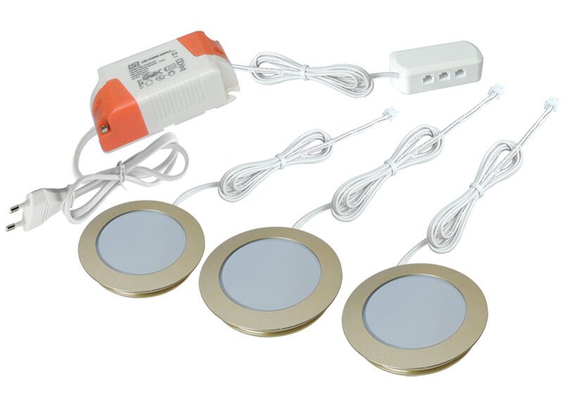 Donolux Комплект напольных встраив. св-ов IP44, 3шт. 12V DC 3х1W, 3000K, 3х70 LM Цвет-латунь, 55х9 мм + источник питания