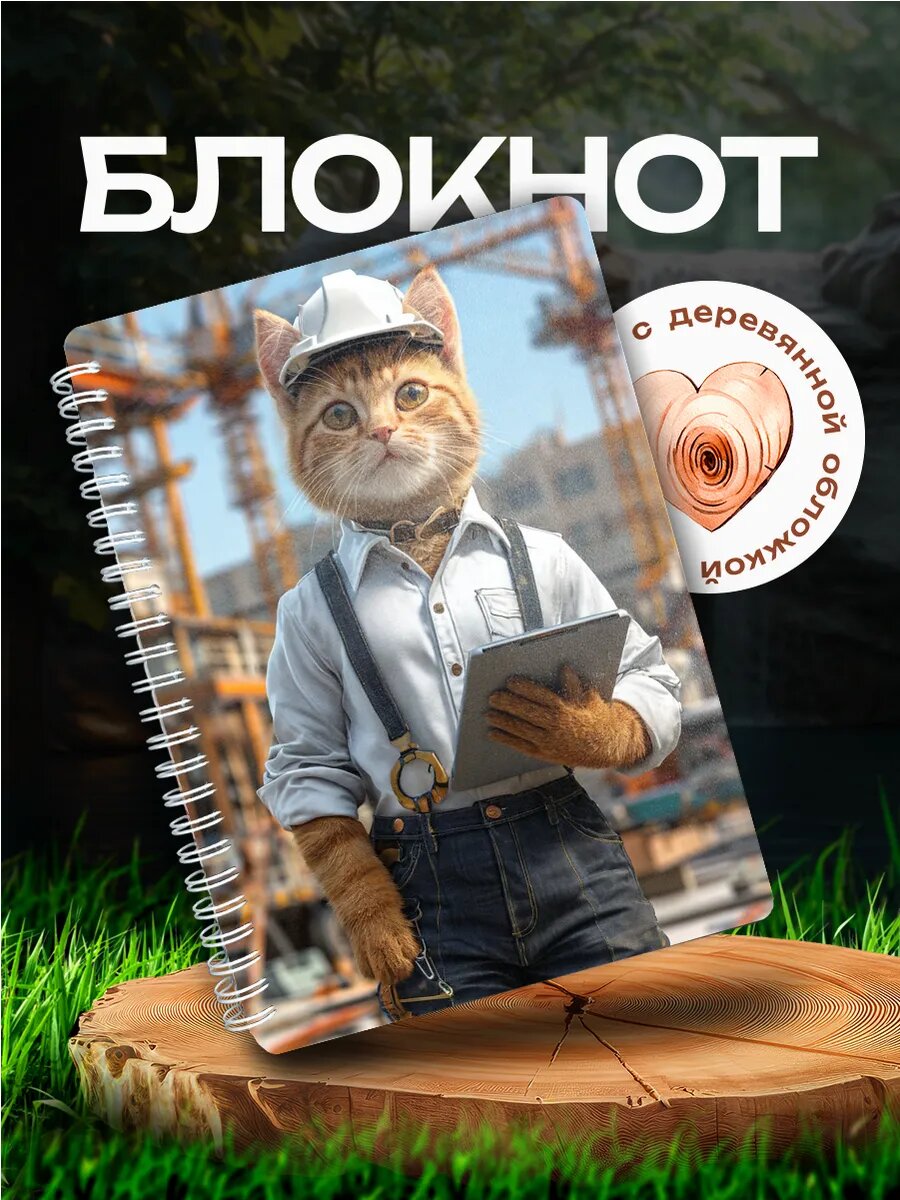 Блокнот деревянный Wood-Book с принтом с котиком, инженеру, строителю в подарок ежедневник