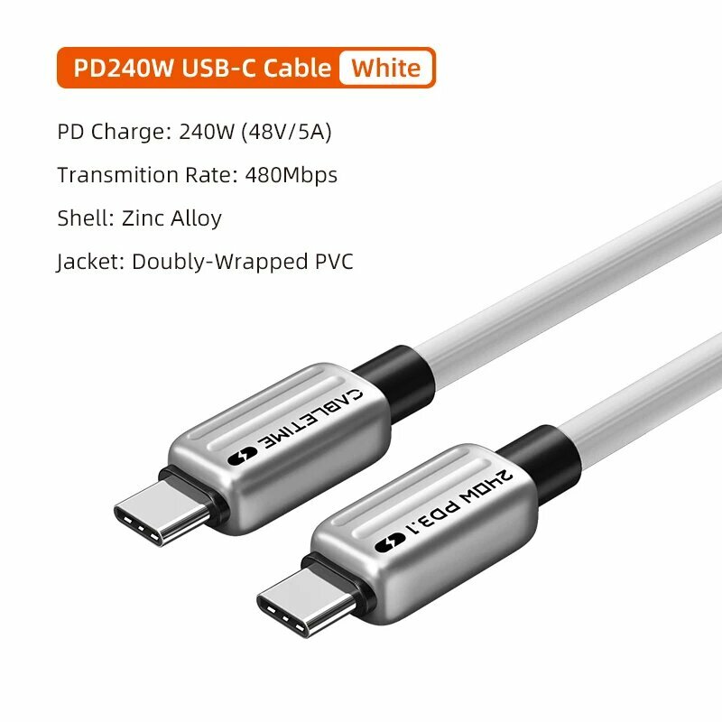 CABLETIME Кабель USB C 240 Вт Быстрое зарядное устройство типа C PD3.1 Адаптер USB C к USB C Провод питания для ноутбука Macbook iPhone 15 Samsung 2M 1 м, White