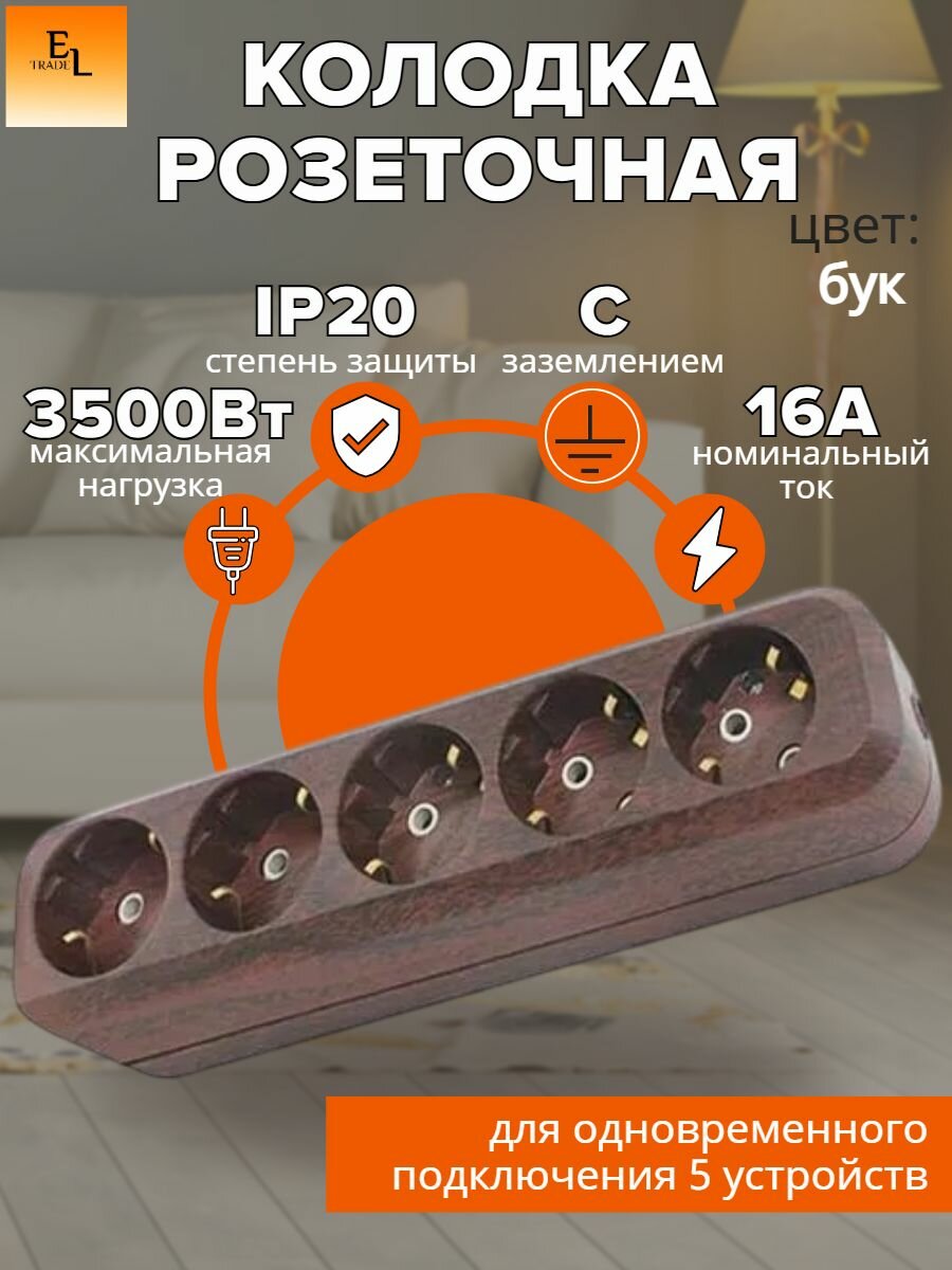 Колодка электрическая 5 гнезд розеточная (2П, с заземлением, 16А, 250В, бук, Эко, IP20)