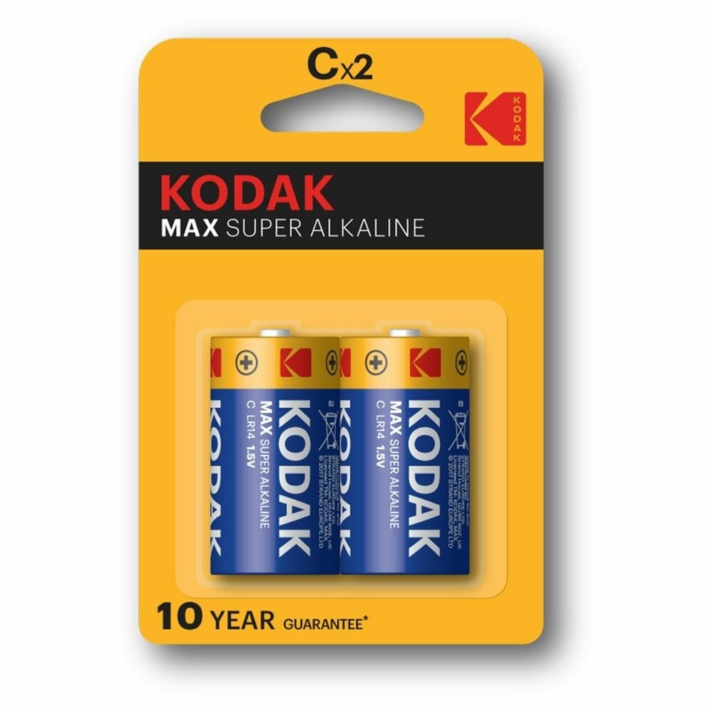 Батарейки Kodak алкалиновые 2 шт, Max Super Alkaline, C (LR14, 14А) блистер (Б0005123)