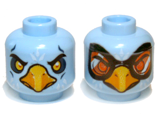 Minifigure, Head Dual Sided Alien Chima Eagle with Beak, Yellow Eyes / Orange Goggles Pattern, 3626pb0831 Bright Light Blue U