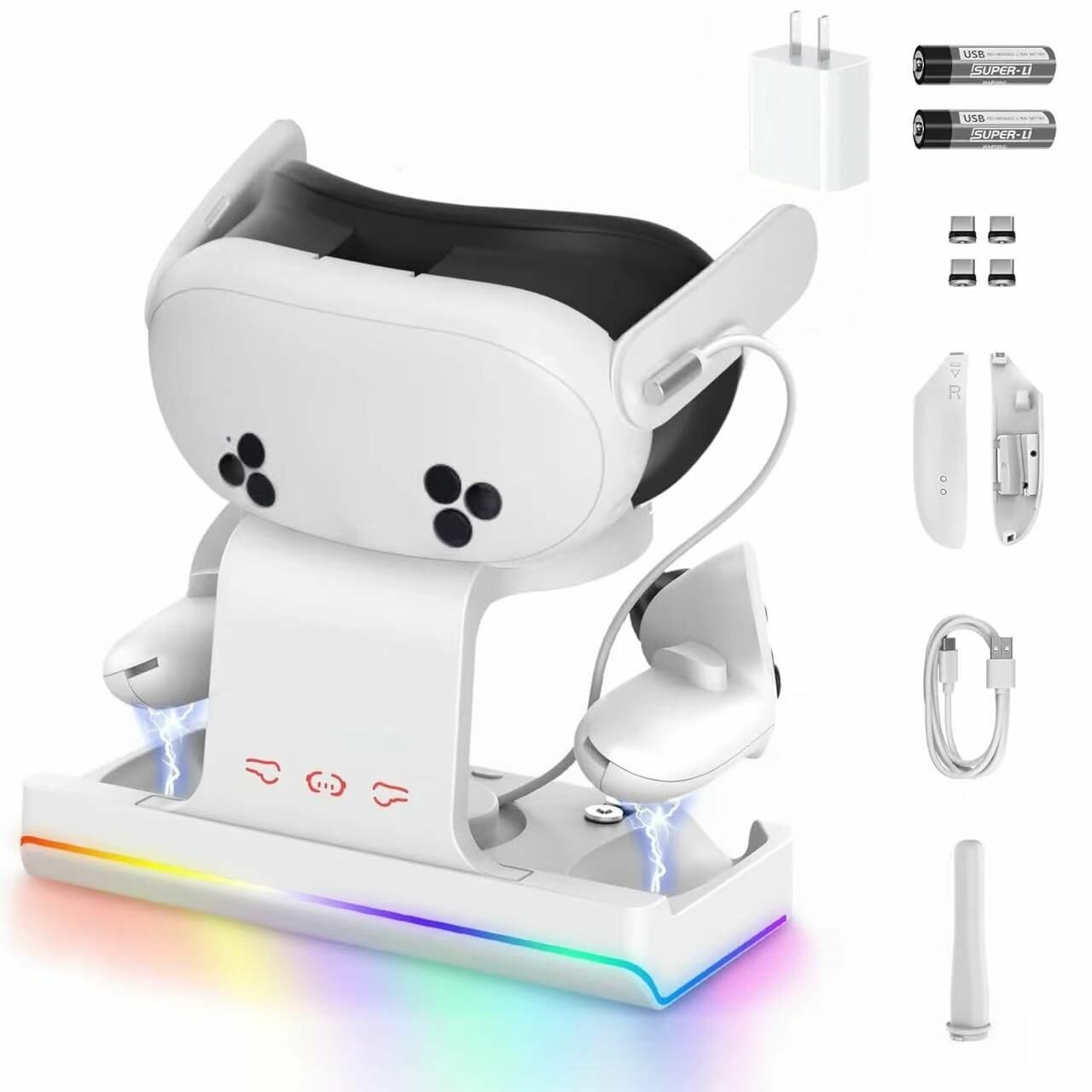 Зарядная док-станция для виртуальной реальности Oculus Quest 3S-со светодиодной подсветкой и перезаряжаемой батареей емкостью 2 * 1800 мАч -Подставка для зарядки Oculus Quest 3SVR, белая