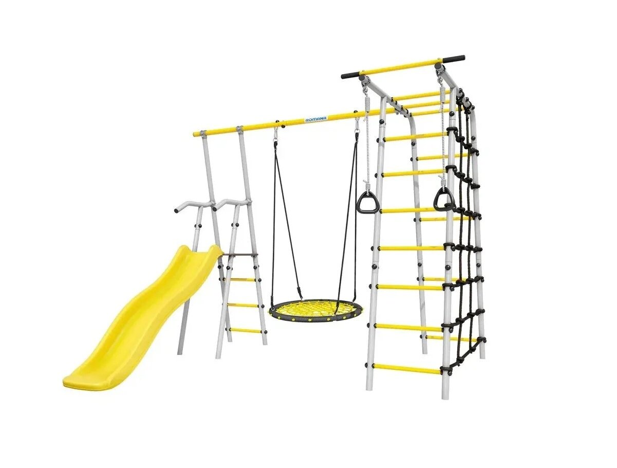 Детский спортивный комплекс для дачи ROMANA богатырь желтый/серый + качели-гнездо