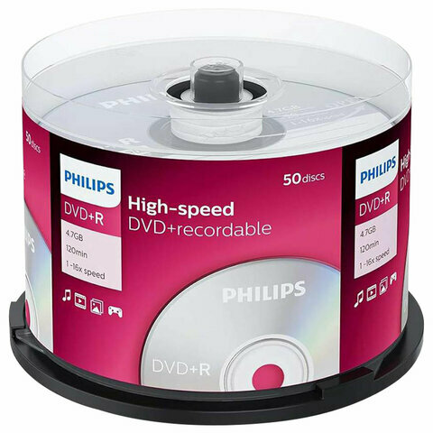Диски DVD+R (плюс) PHILIPS, 4,7 Гб, 16x, Cake Box (упаковка на шпиле), комплект 50 шт, DR4S6B50F/97