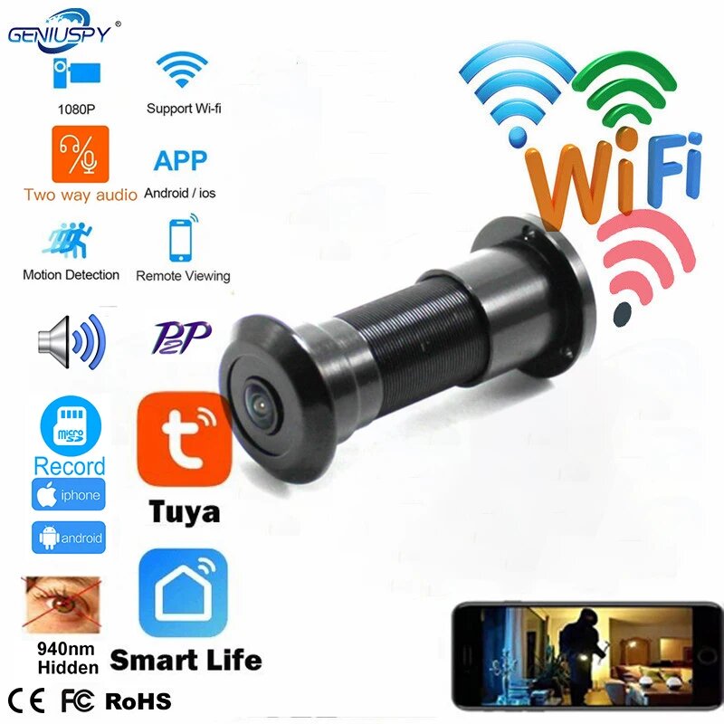 GENIUSPY Wi-Fi дверной глазок 1080P, EU Plug, NO TF Card