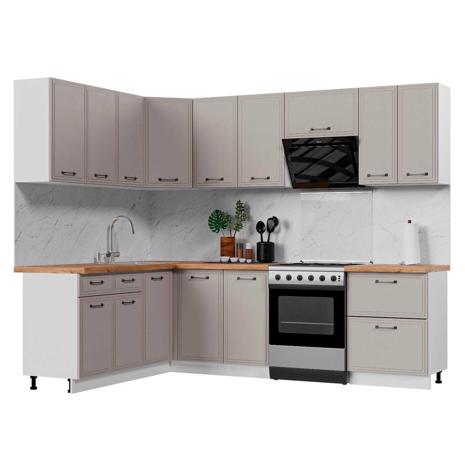 Кухонный гарнитур угловой, без столешницы, Кухня Индира 180х260см Белый/Дюна