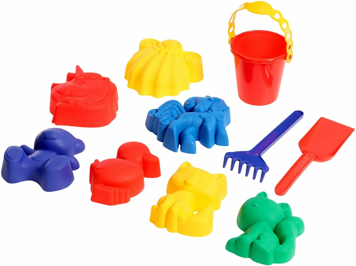 Набор для песочницы: 6 формочек, совок, грабли и ведро, детские пластиковые игрушки для игр с песком, цвета микс