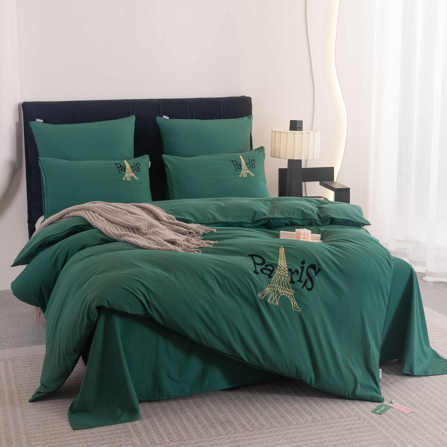 Комплект постельного белья Domiro "Mood of Paris", 2-х спальный, хлопок, сатин-люкс, изумрудный цвет