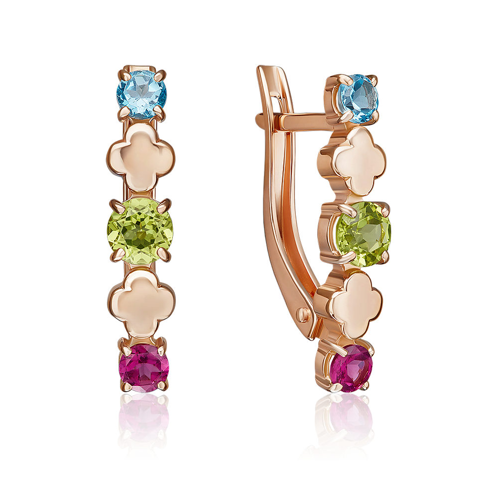 Серьги, красное золото, 585 проба, гранат, топаз, хризолит