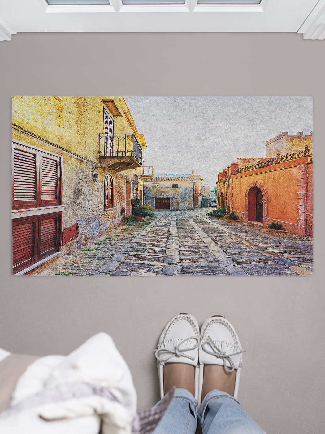Коврик придверный в прихожую с принтом "Итальянская улочка" 45x75 см , JoyArty