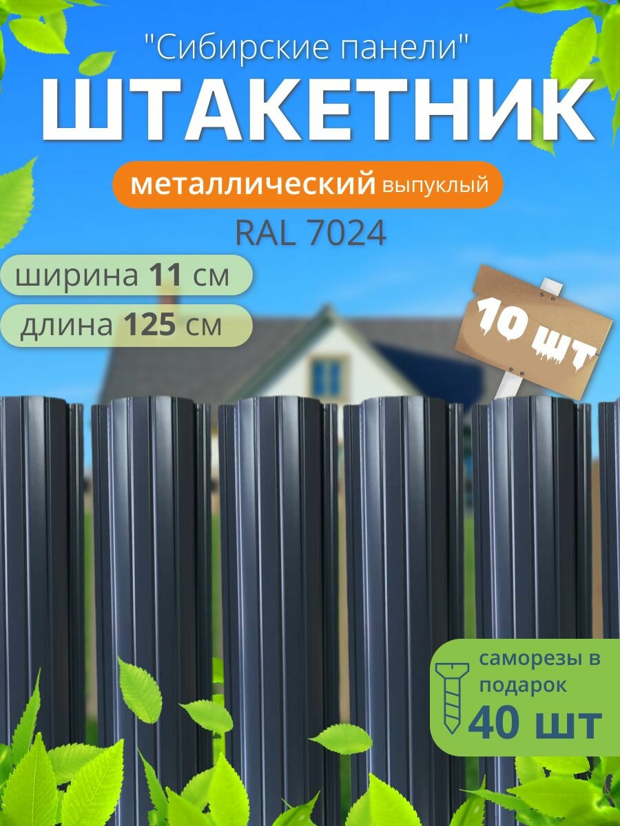 Евроштакетник графит, ширина 11 см/1,25 м/RAL 7024/ 10 ШТ