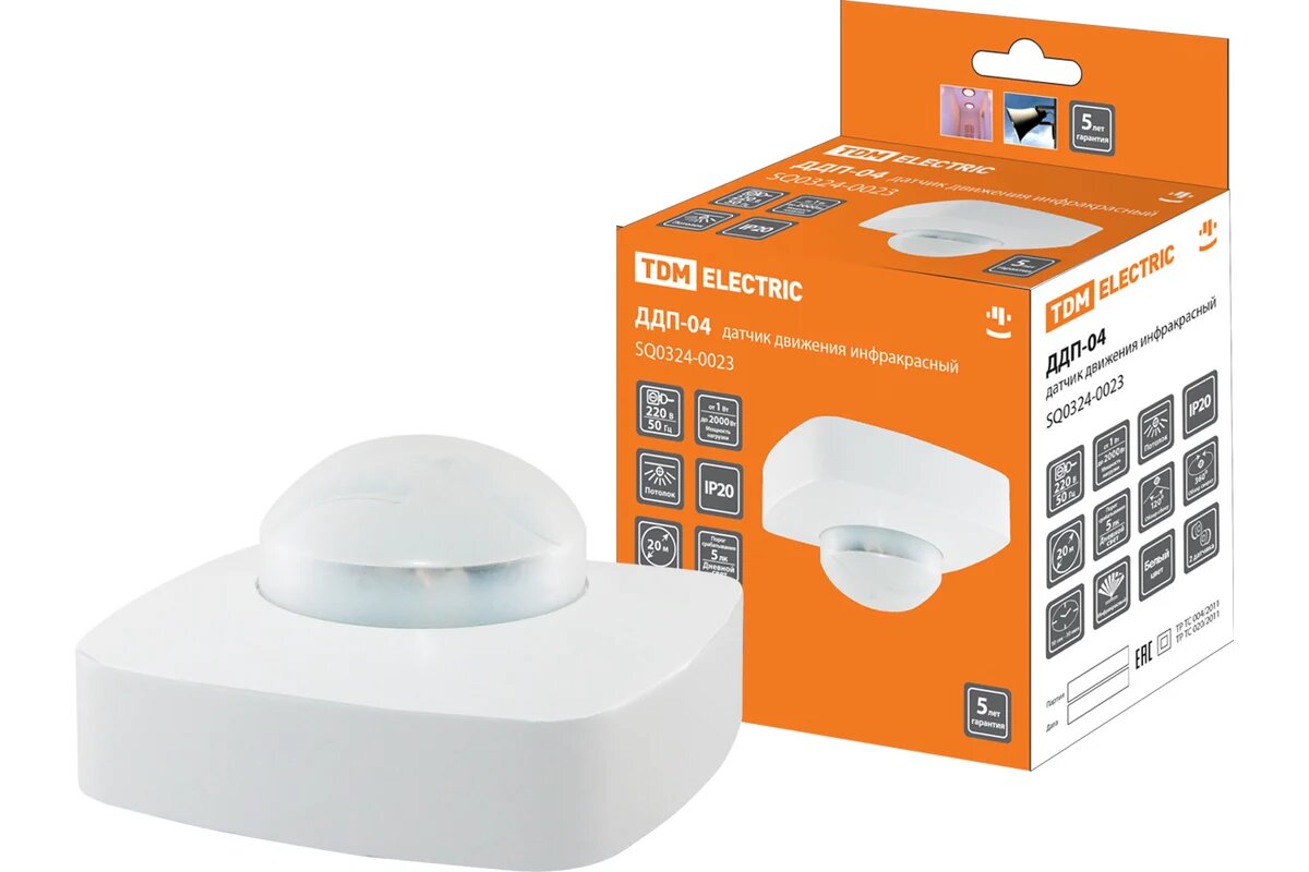 TDM ELECTRIC Датчик движения потолочный ДДП-04 2000Вт 10-1800с 4x20м 120° сбоку+360°IP20