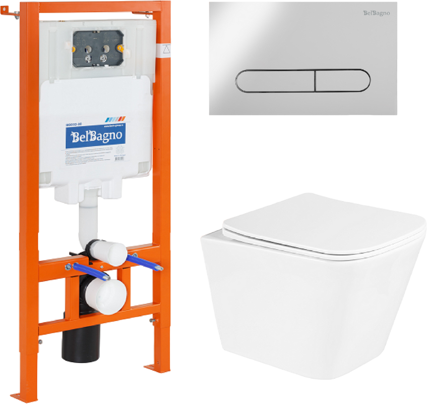 Комплект Унитаз подвесной BelBagno Due BB3103CHR/SC безободковый, с микролифтом, инсталляция BB002-80 с кнопкой BB005-PR-CHROME