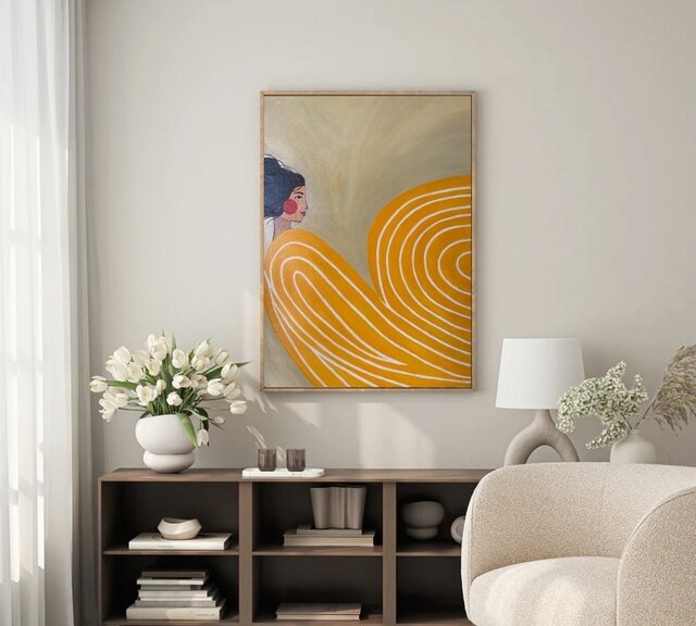 Картина "Девушка в платье с желтыми полосками" 40*50 см, ручная работа, акрил, холст на подрамнике