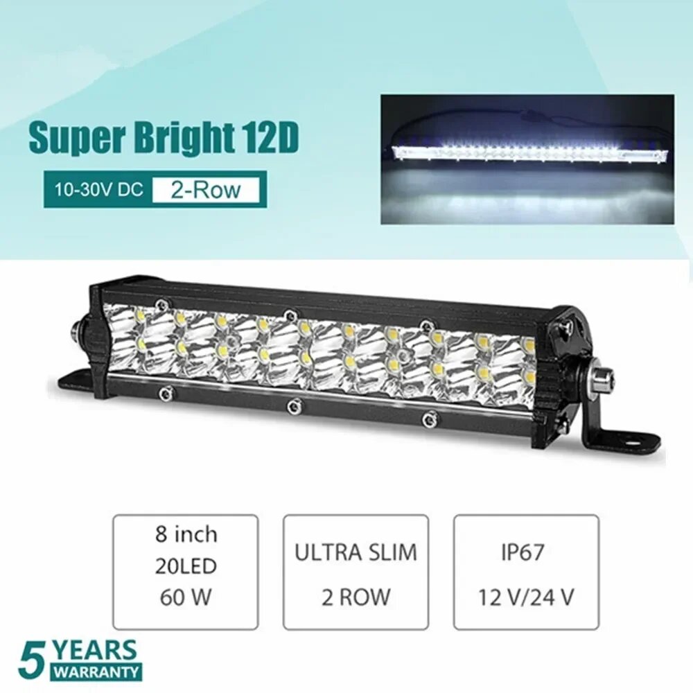 Светодиодная панель высокой мощности 12D 60 Вт 120 Вт 180 Вт 240 Вт 300 Вт Светодиодные рабочие фары Spot Flood Combo Beam для грузовиков, тракторов, внедорожников, квадроциклов, внедорожников 8inch 60W