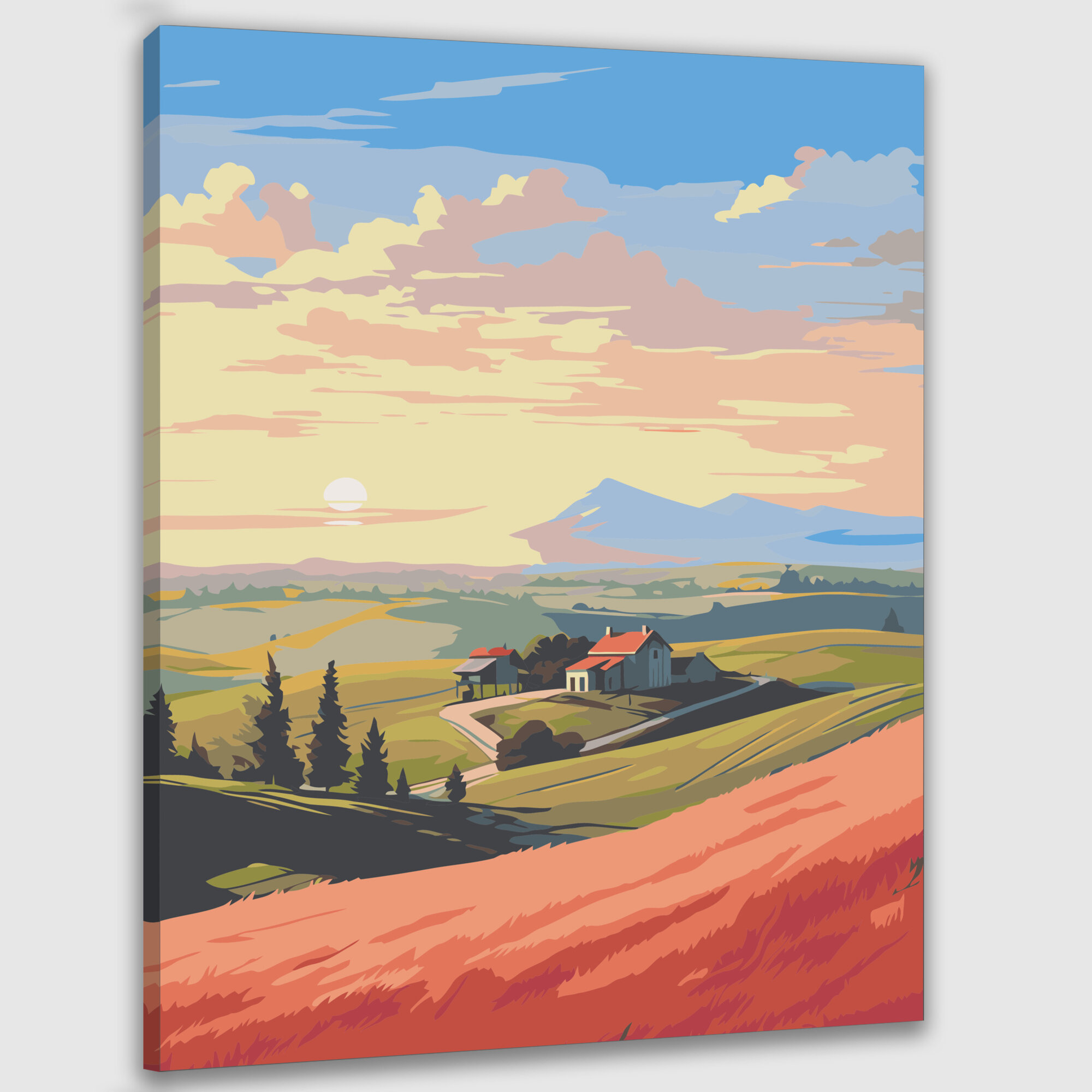 Картина по номерам 40x50 см, цифровая иллюстрация, сельская местность, закат, холмы, поля, горизонт, небо, закат