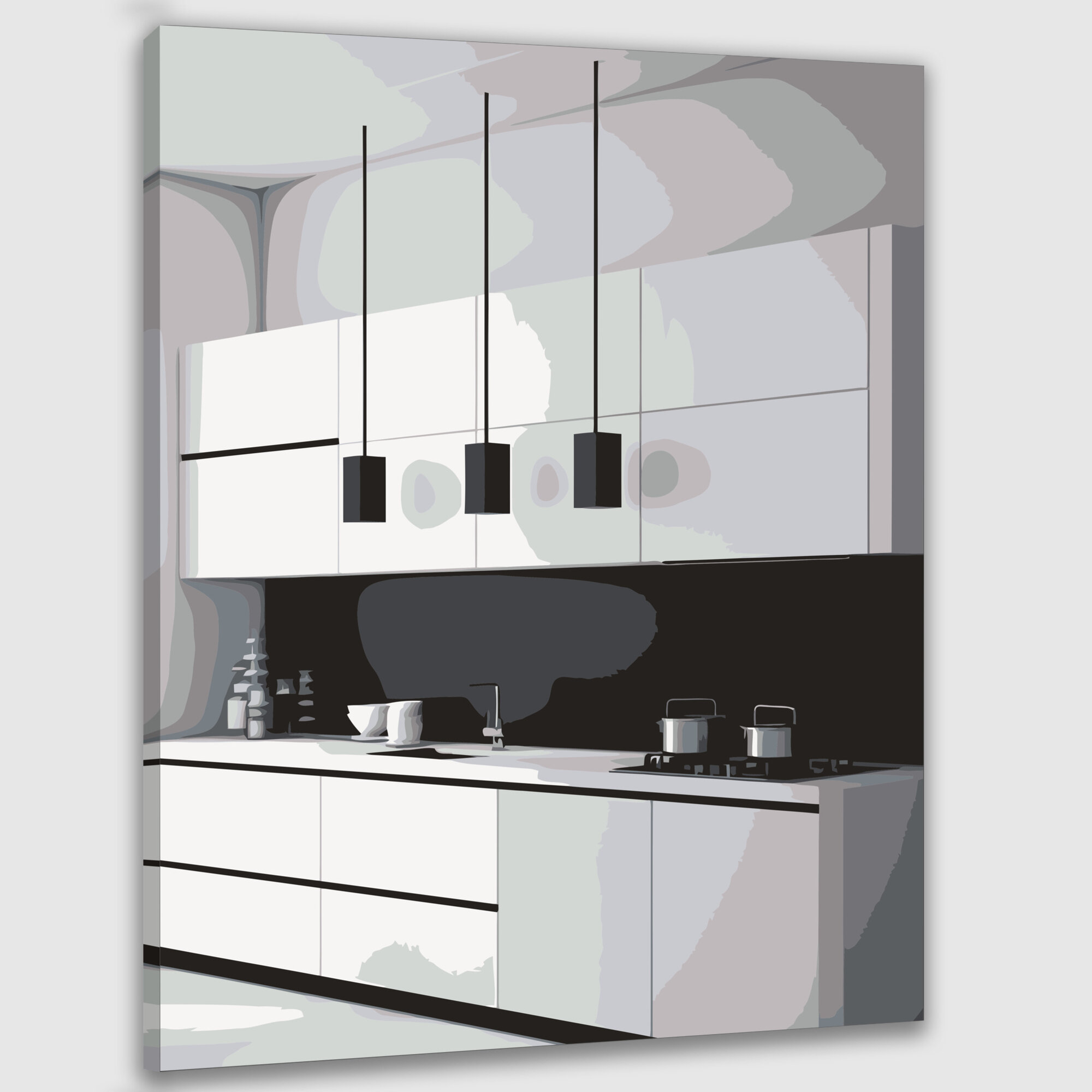 Картина по номерам 40x50 см, фотография, картина, черно-белая, современная кухня, стиль минимализма, гладкие столешницы