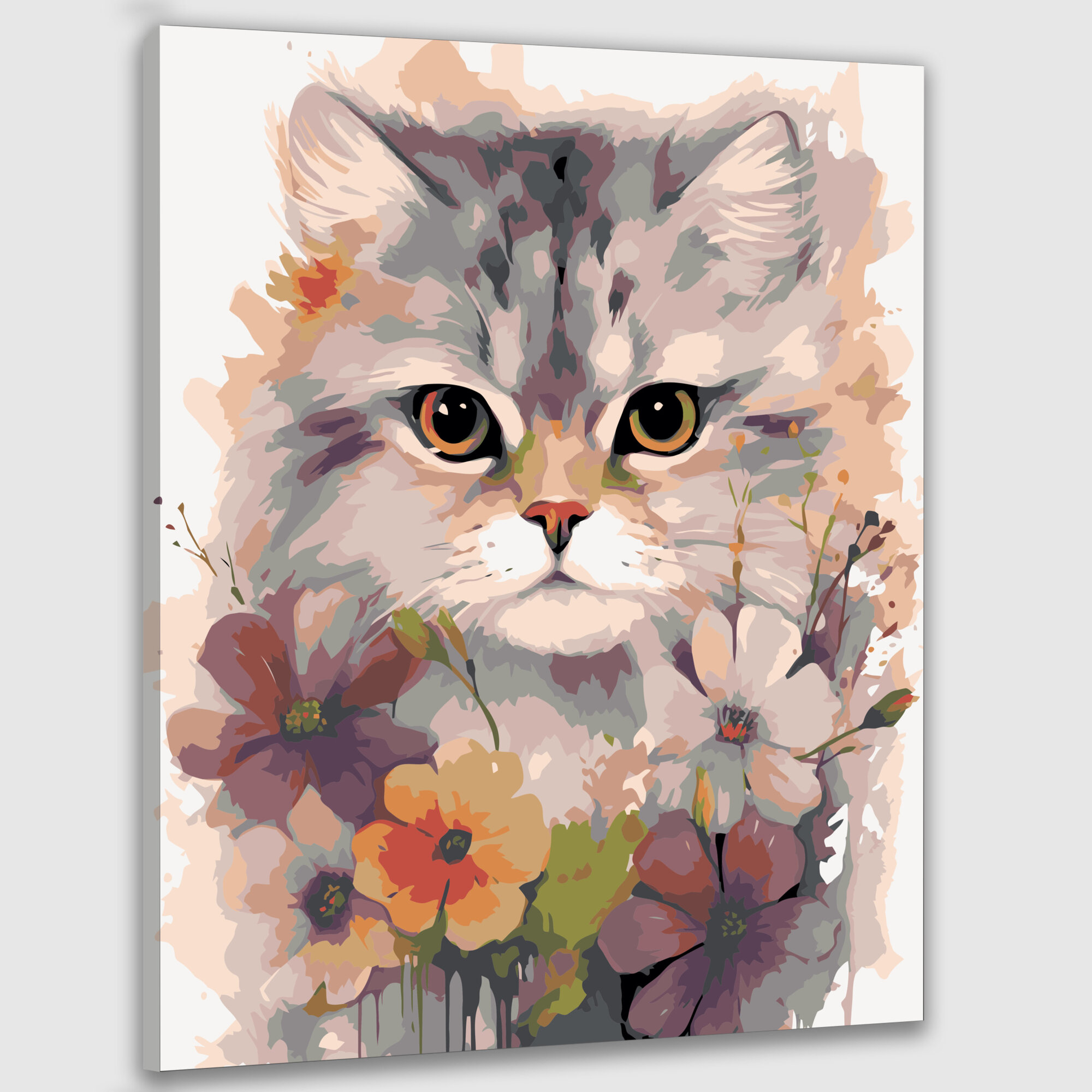 Картина по номерам 40x50 см, Манул, акварель, иллюстрация, заросли, полевые цветы, глаза, соцветия, мазки кисти