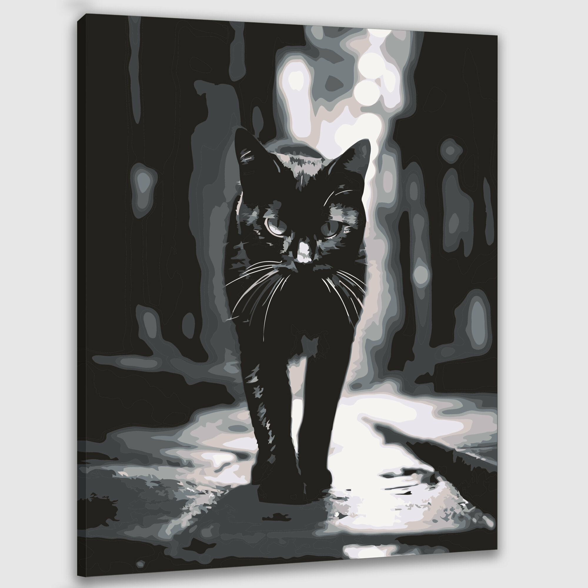 Картина по номерам 40x50 см, черно-белая, фотография, кошка, переулок, тускло освещенный, глаза, тайна, приключение