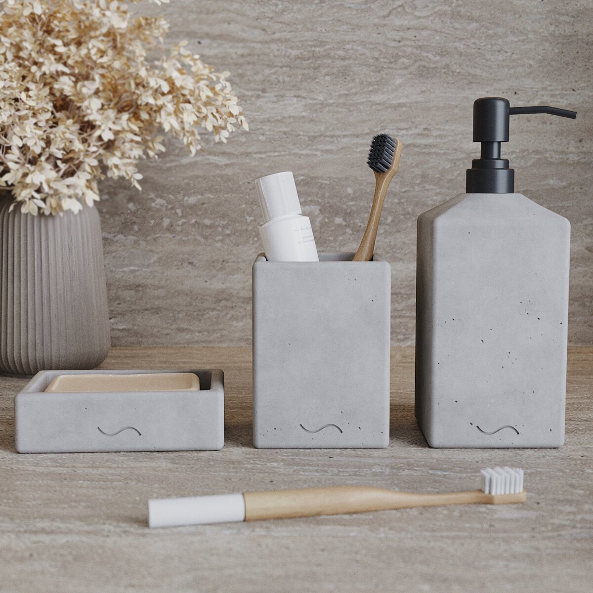 Набор для ванной Emily 10 (дозатор с черной помпой, стакан для зубных щеток и мыльница, бетон, серый матовый