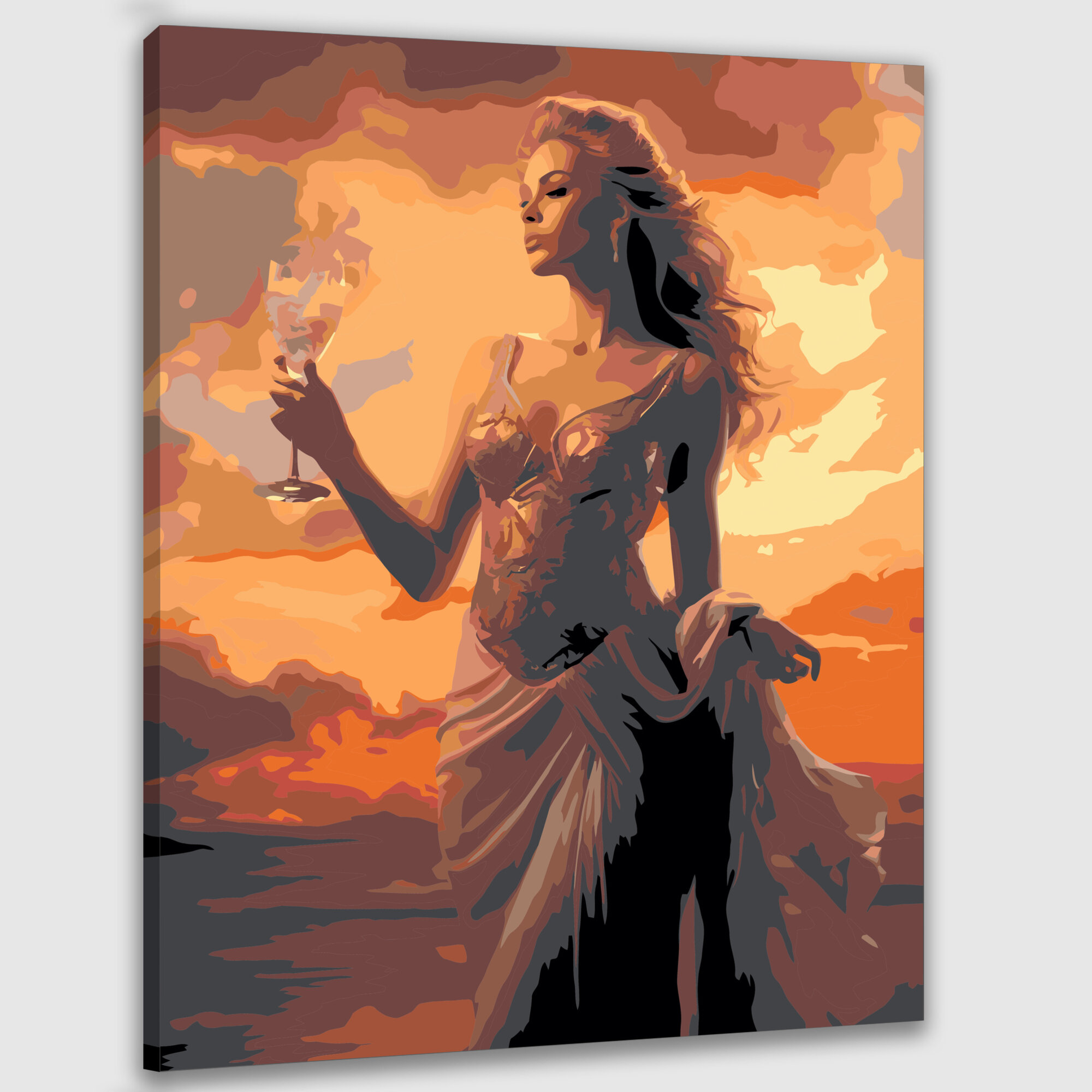 Картина по номерам 40x50 см, женщина, платье, хрустальный бокал, жидкость, рассвет, облака, солнечный свет, красота