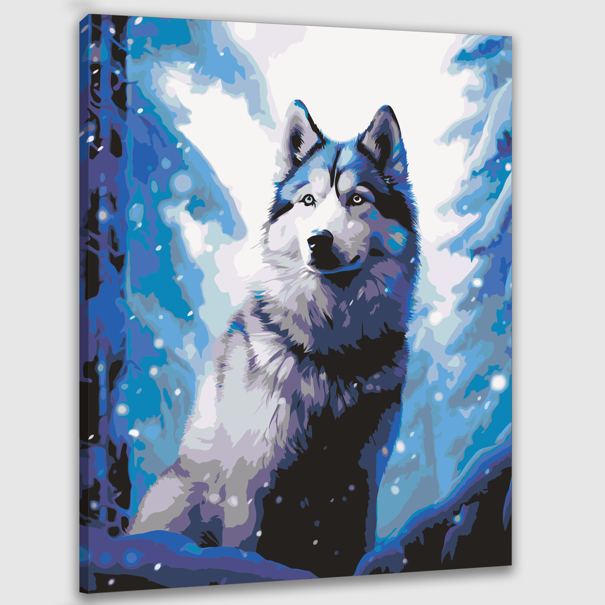 Картина по номерам 40x50 см, хаски, зимний пейзаж, снег, сосны, фотография, иней, глаза, чудо, приключения