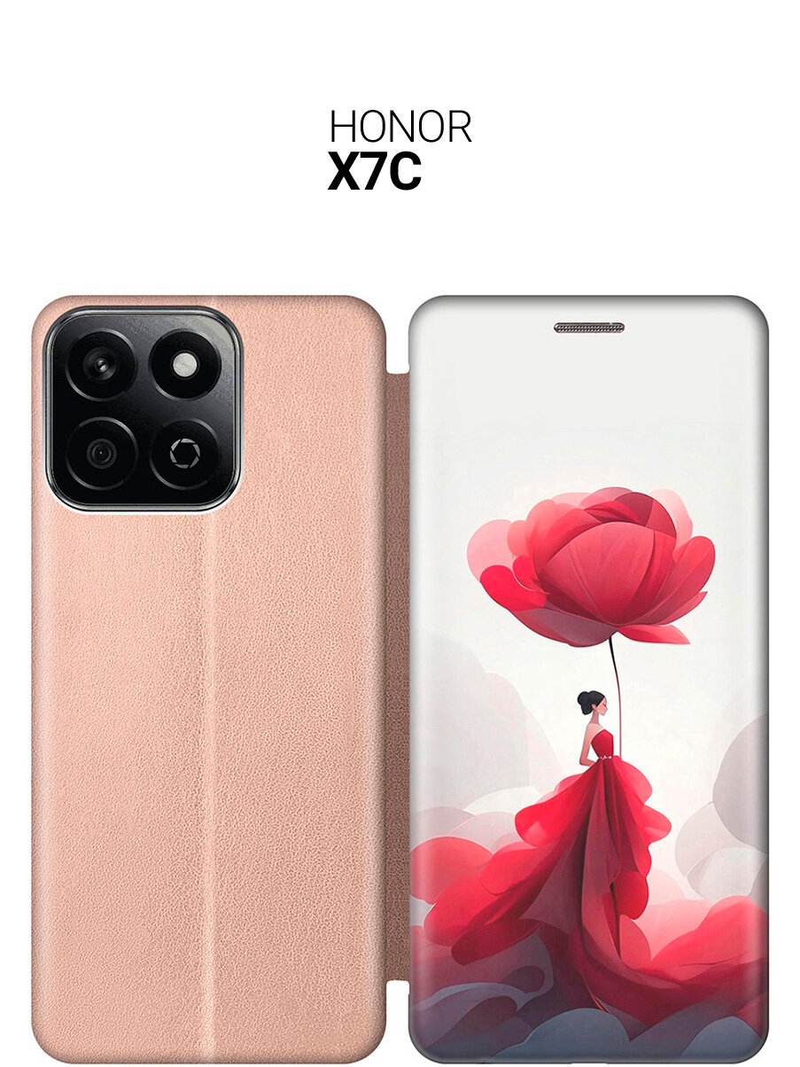 Чехол-книжка на Honor X7C с принтом "Цветочная девушка в красном" золотой