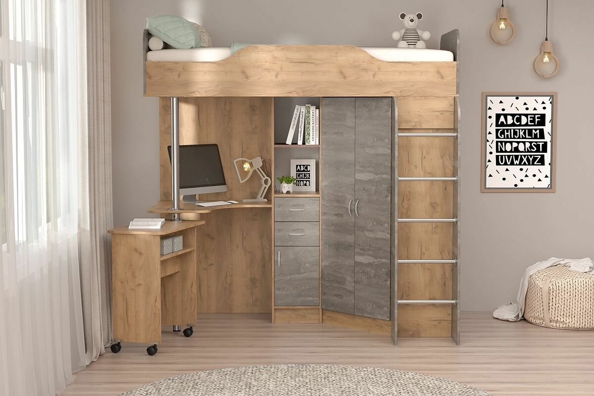 Кровать 1 Бриз ЛДСП Камень тёмный и Дуб Крафт золотой, ширина 190 см, односпальная, в детскую, в подростковую, в спальню