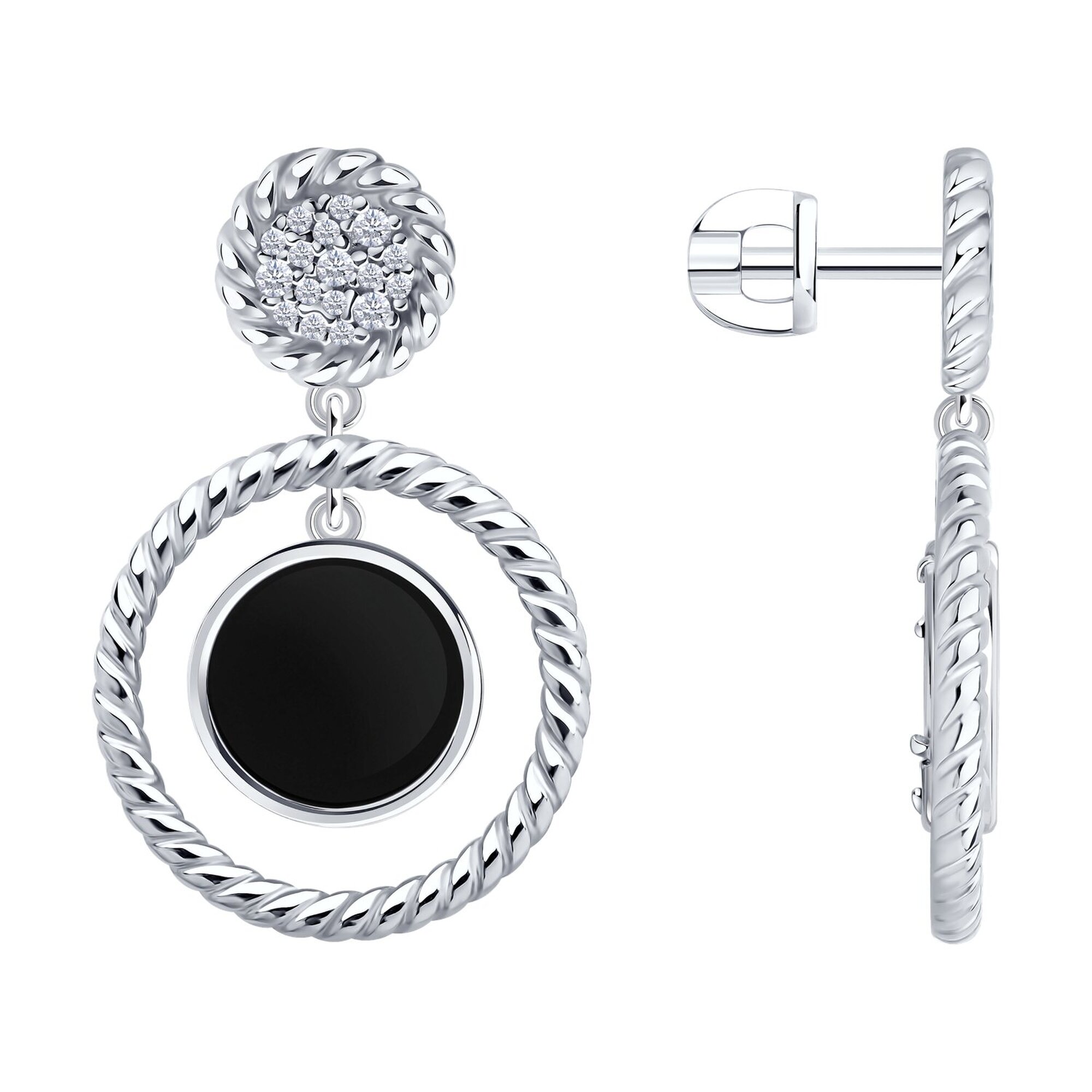 Серьги пусеты, серебро, 925 проба, родирование, агат, фианит