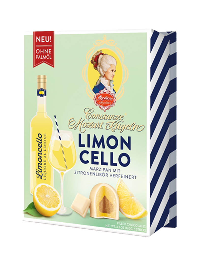 Шоколадные конфеты Reber из белого шоколада Constanze Mozart Kugeln c ореховым пралине, марципаном и Лимончелло, 120 г