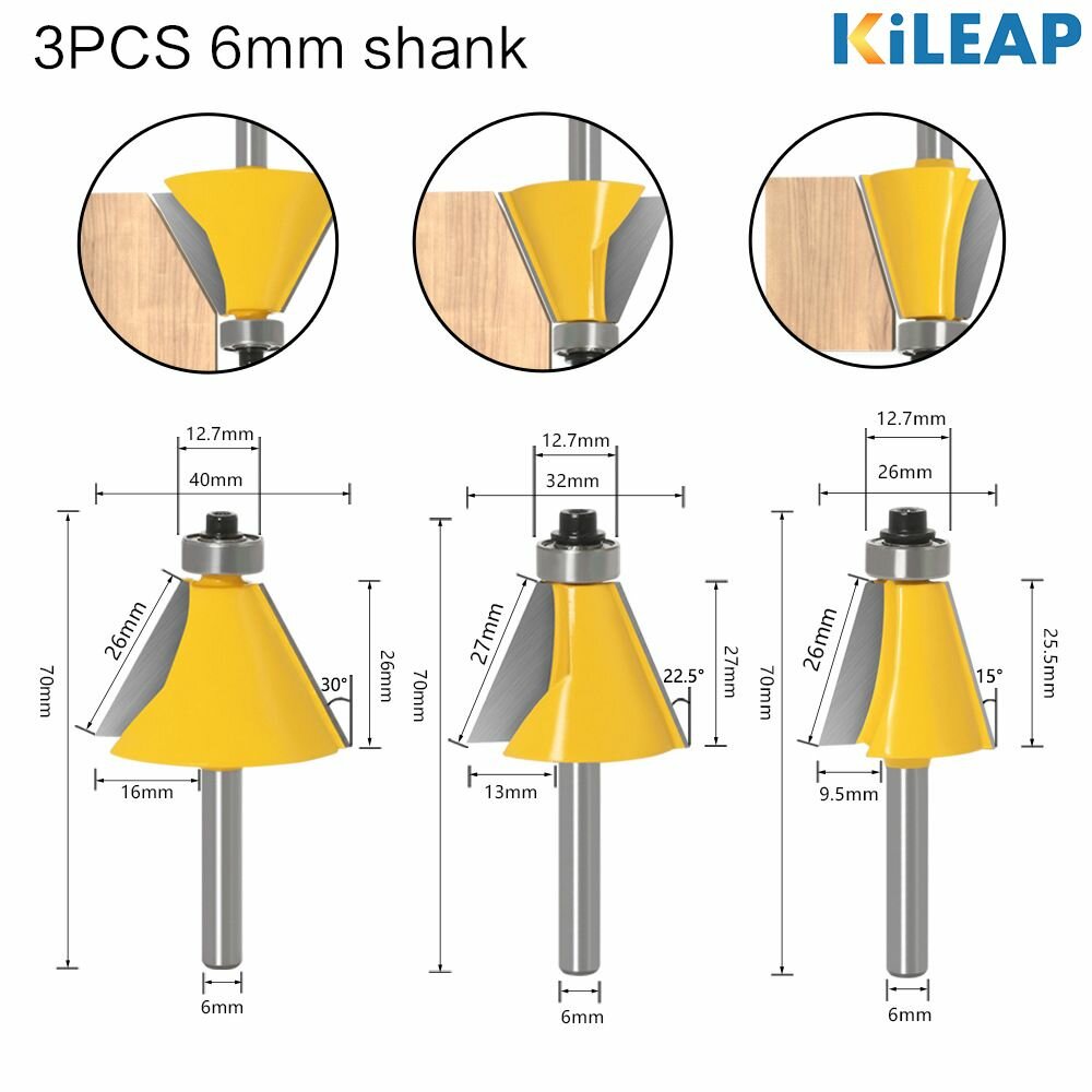 Коническая Фреза по дереву со скосом 15-22.5-30-угловыми скосами набор/3 шт. 6мм