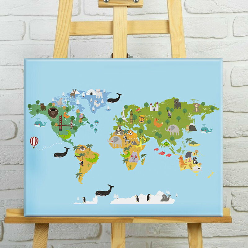 Картина на холсте 50х70 см "Карта мира с животными для детей", на стену для интерьера