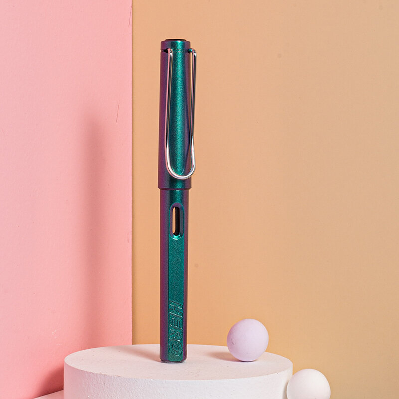 HERO 359B Fountain Pen with EF Nib, Thin and Thick Slice Craft Student Calligraphy Pen (with 6 Ink Cartridges) Iridium Fountain Pen Signature Pen Color-changing Green EF Nib