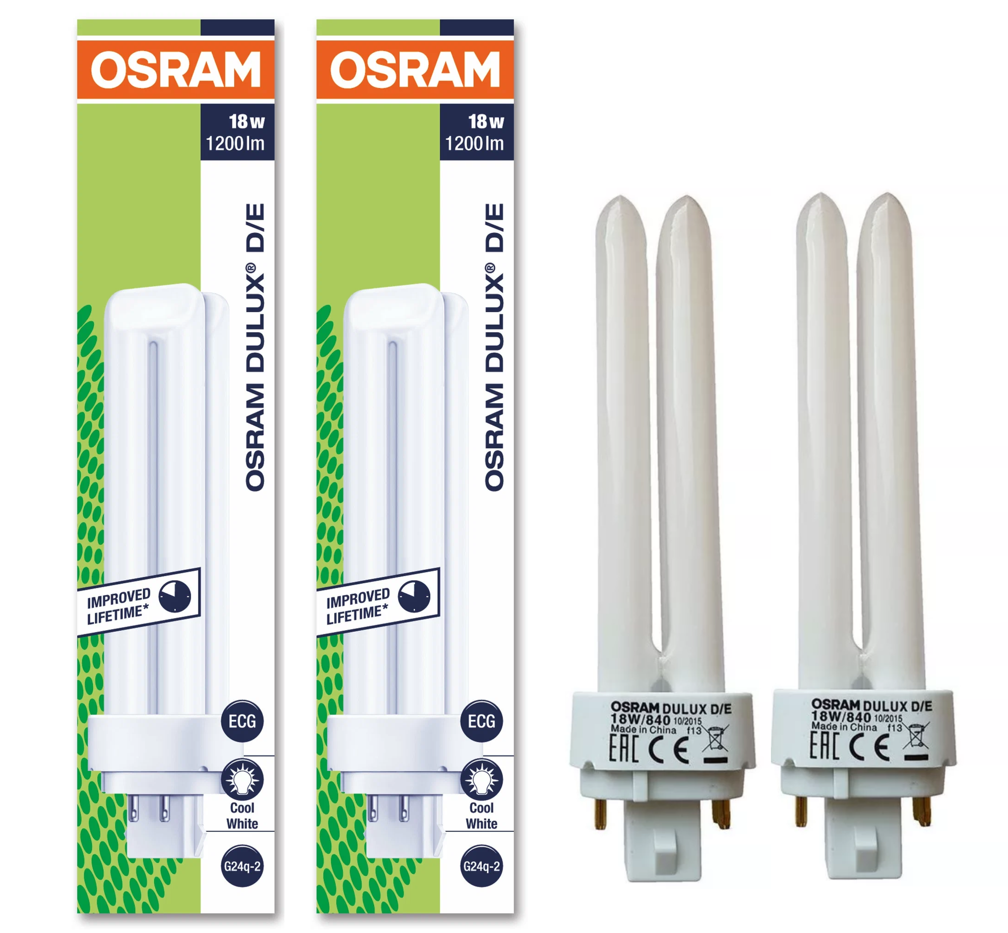 Лампы OSRAM DULUX D/E 18W, G24q-2, холодный белый, 4000К, 1200lm, люминесцентные, 2 штуки