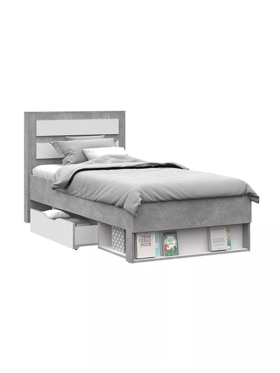 Кровать односпальная Амбер 90х200 см, деревянная, анатомическая, с полками, с ящиком, Ателье светлый / Белый