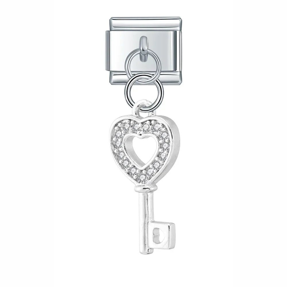Charms для браслетов 9 мм, серебро, сердце с кристаллами