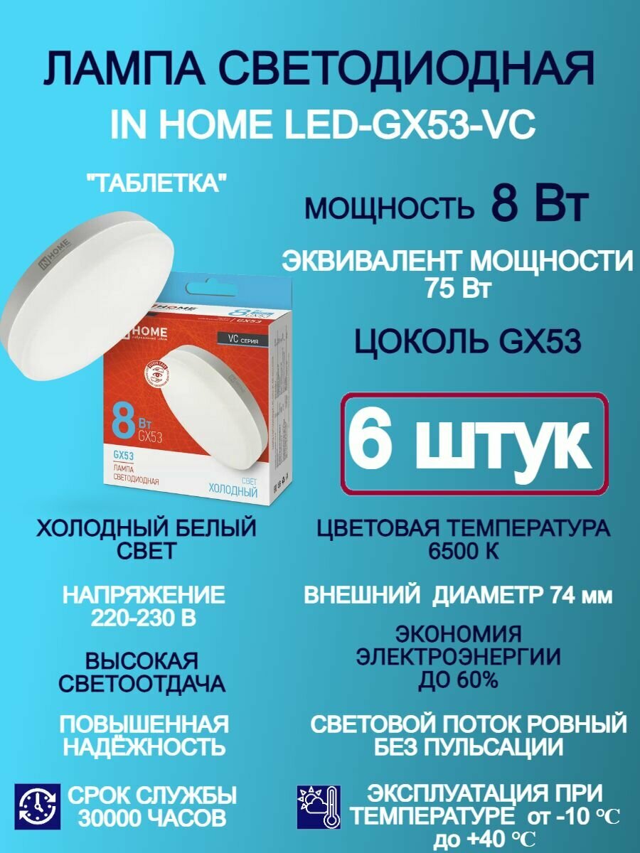 Светодиодная лампа InHome GX53 8 Вт. 6500K (6 шт.)