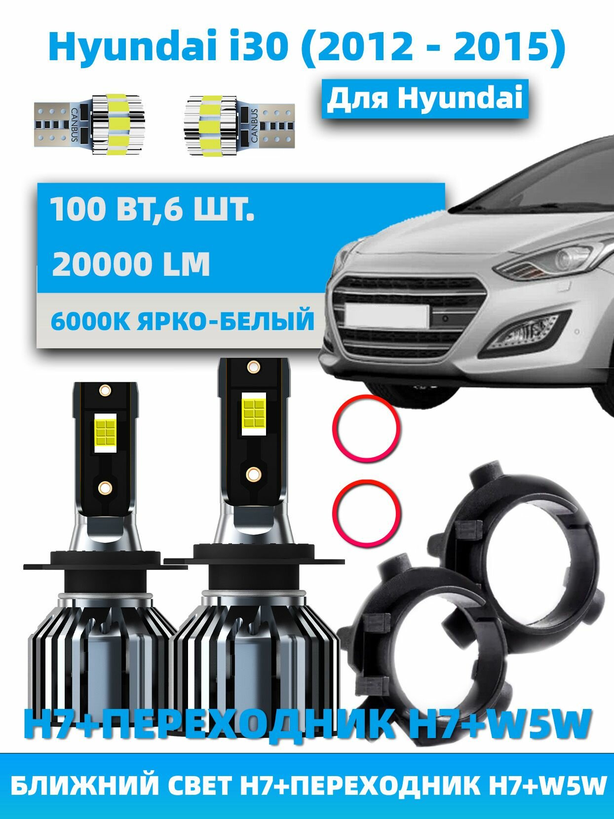 Светодиодные лампы H7, диодные лампы H7 LED , для Hyundai i30 (2012 - 2015)